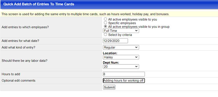 Quick Add Time Card Entries